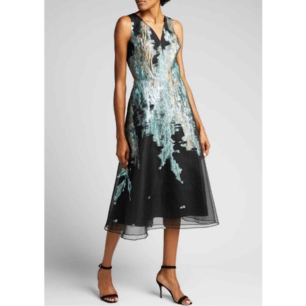 Teri Jon Metallic Sheen Abstract Formal Midi Dress - Gem